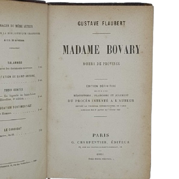 Madame Bovary by Gustave Flaubert - Georges Charpentier 1881 - Country House Library